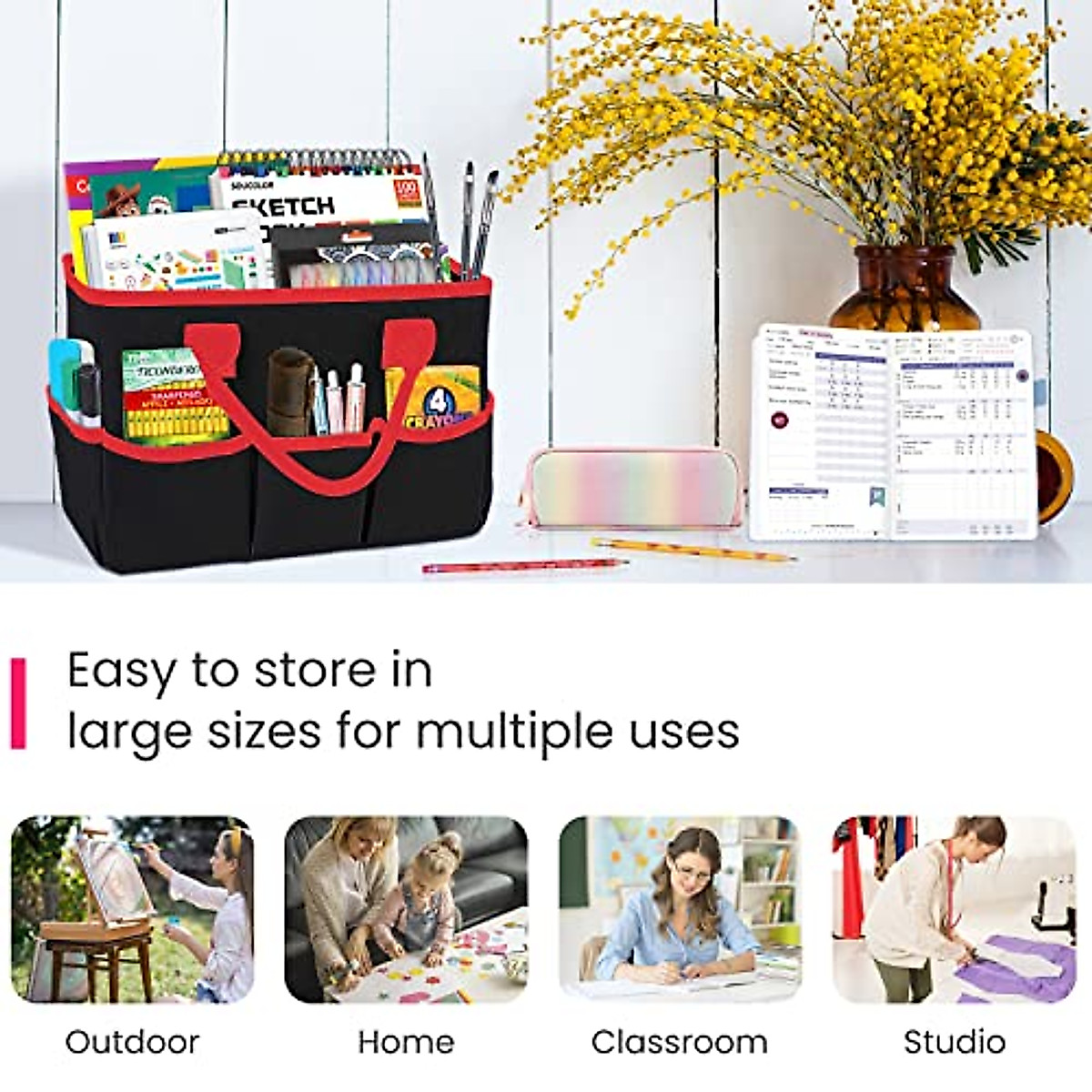 Godery Desktop File Folder Tote and Stock Organize, Fundamentals Art Organizer Storage Craft Tote Bag for Office Desk Organize, Make-up Storage Tote with Handles for Travel or Daily Use, Black