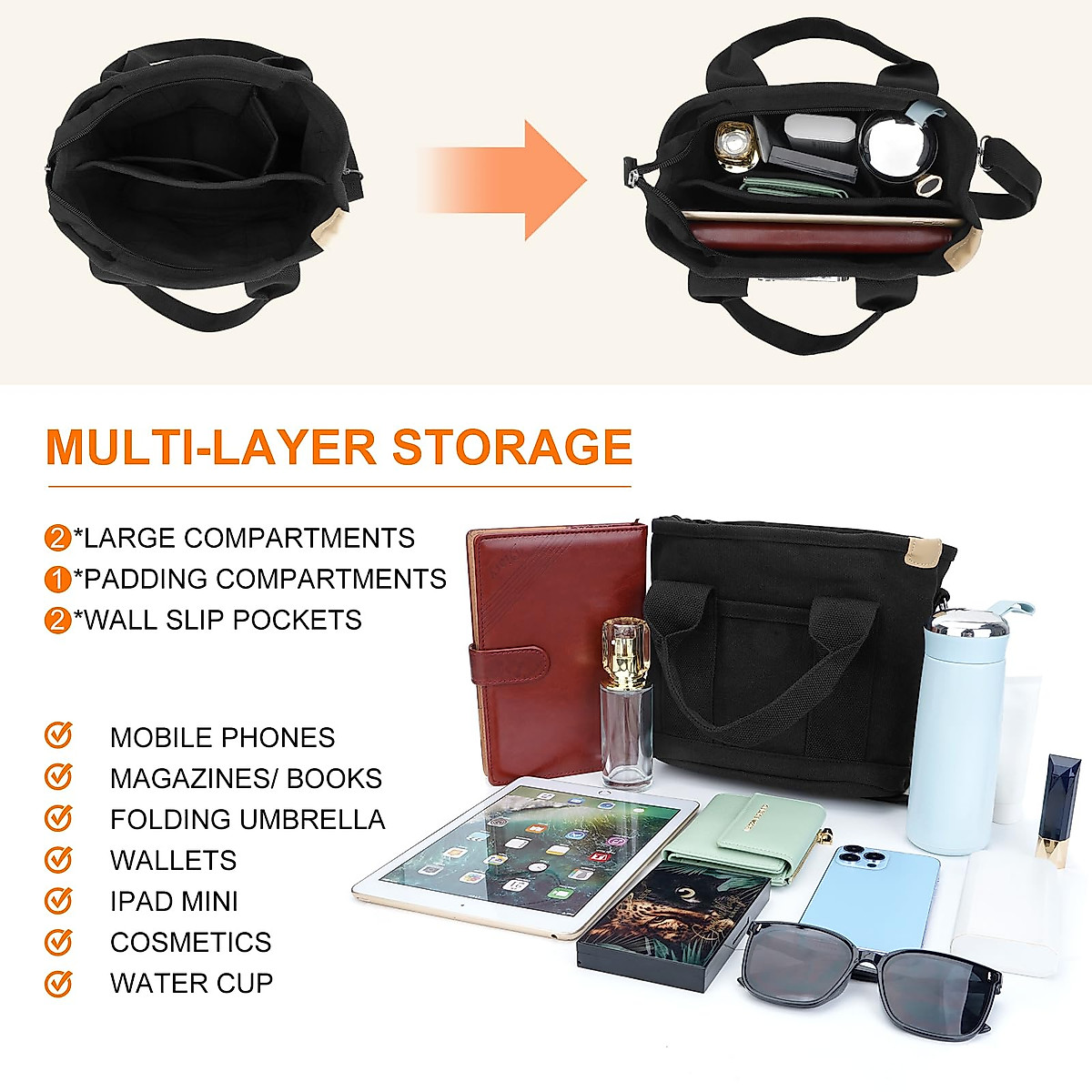 Canvas Tote Bag with Zipper Small Tote Bag for Women Crossbody Bag Mini Shoulder Bag with Pockets and Compartments Satchel Hobo Bag Japanese Messenger Bag