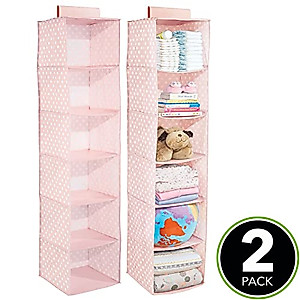 mDesign Fabric Hanging Organizer - Over Closet Rod Storage with 6 Shelves for Baby Nursery Bedroom Organization - Hold Clothes, Linens, Toys, Accessories - 2 Pack, Pink/White Polka Dot