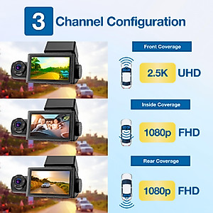 Asani 3-Channel Car Dash Cam - 4K Front, Rear, and Cabin Recording, LCD Screen, Includes 32GB SD Card, WiFi, GPS, G-Sensor, 6 IR LEDs for Night Vision, Ideal for Comprehensive Road Security