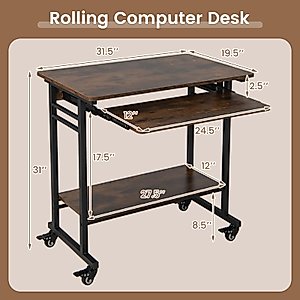 Giantex Rolling Computer Desk, Mobile Desk with Keyboard Tray, Portable Laptop PC Desk Cart with Shelf & Hooks, Small Desk with Wheels for Small Spaces, Bedroom, Apartment, Home Office Desk