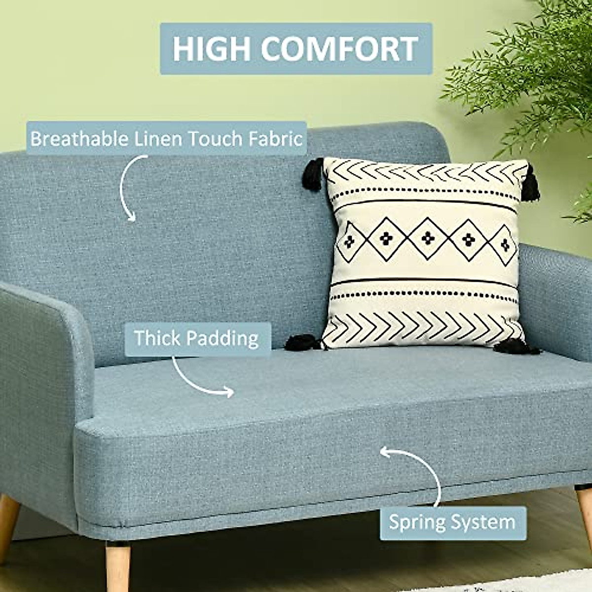 HOMCOM 48" Loveseat Sofa for Bedroom, Modern Love Seats Furniture, Upholstered Small Couch for Small Spaces, Blue
