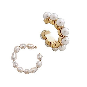 Moepapa Pearl Hoop Earrings Ear Cuff no piercing 2pacs Set (White)
