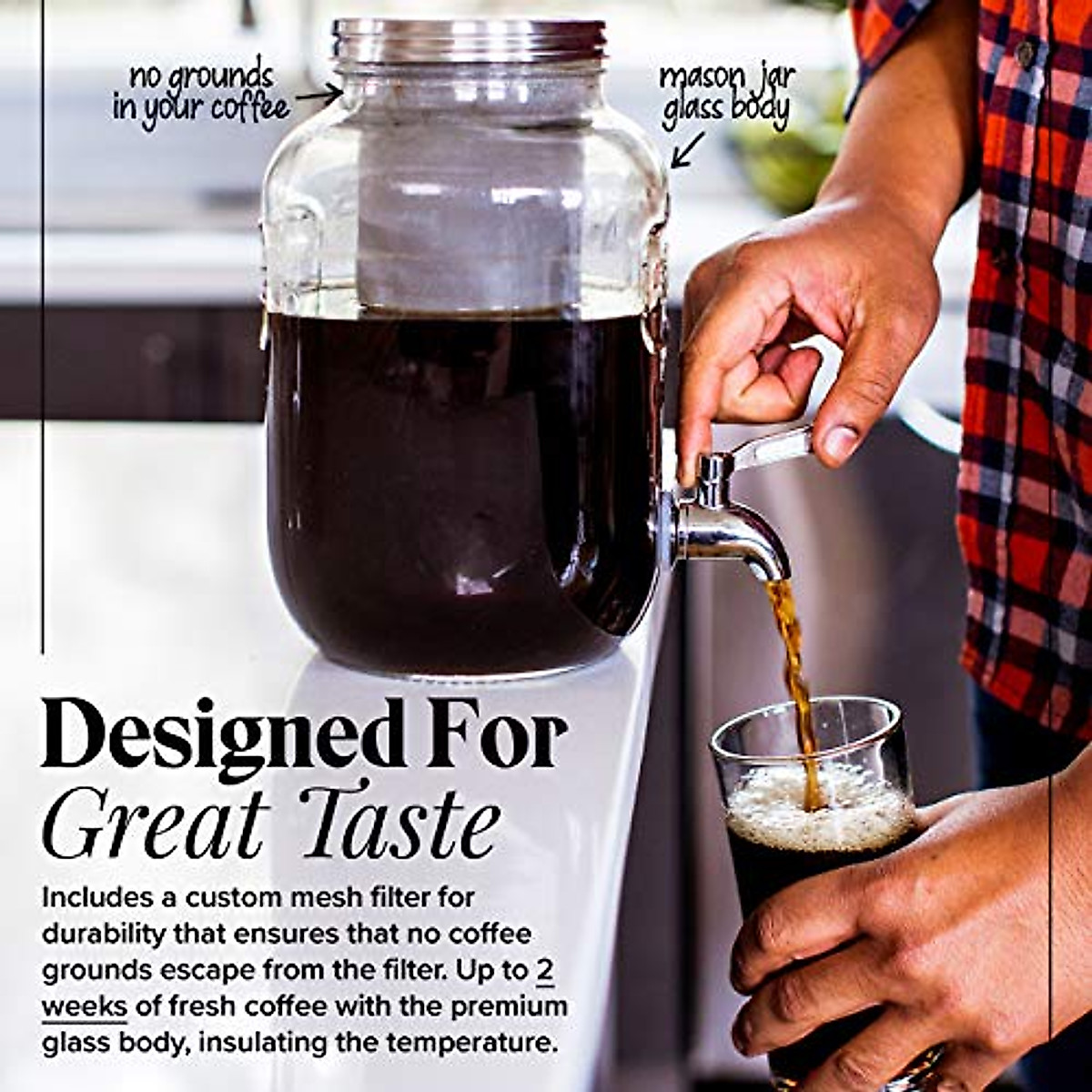 Willow & Everett Cold Brew Coffee Maker - 1 Gallon Iced Tea & Coffee Cold Brew Maker - Glass Pitcher w/ Stainless Steel Spout and Removable Filter