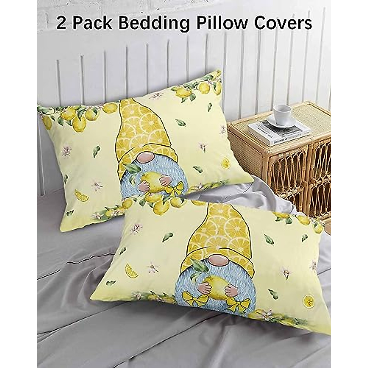 Edwiinsa Summer Lemon Pillow Covers Queen Size Set of 2 20x30 Bed Pillow, Spring Floral Gnomes Rustic Yellow Plush Soft Comfort for Hair/Skin Cooling Pillowcases with Envelop Closure