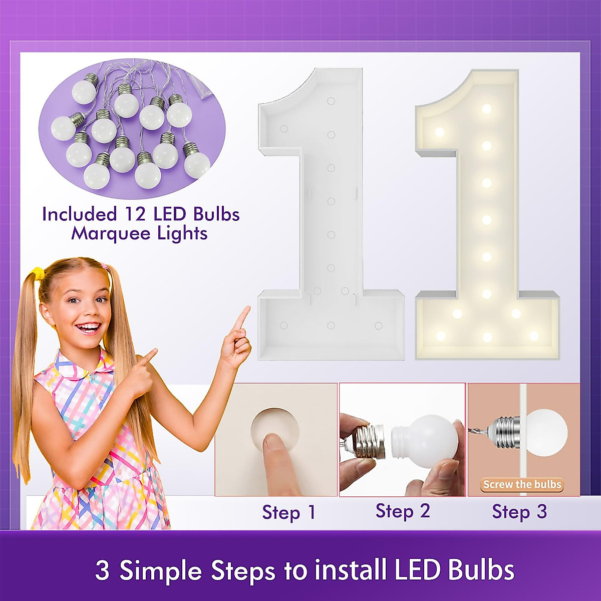 4FT Light Up Numbers Pre-Cut Frame Giant Marquee Numbers 1, Mosaic Numbers for Balloons, First 1st 21st Birthday Anniversary Decorations Party Decor