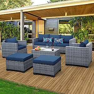 Lviden 6 Pieces Wicker Patio Furniture Sets Outdoor Conversation Set PE Rattan Sectional Sofa Couch with Storage Table and Royal Blue Cushions