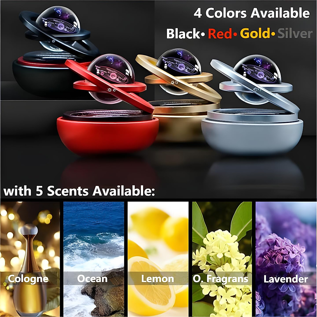 Bontand Interstellar Crystal Ball Car Air Freshener Solar Energy Double Ring Rotating Fragrance Gift Car Perfume Decoration (Silver)