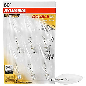 SYLVANIA Incandescent Double Life Light Bulb, 60W B10 Chandelier , Candelabra Base, Clear, Blunt Tip, Soft White - 6 Pack (18750)