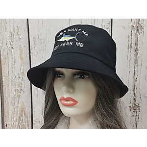 Enodtter Women Want Me Fish Fear Me Embroidered Bucket Hat, Black Embroidery Beach Sun Hat Summer Travel Fisherman Cap
