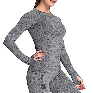 Aoxjox Workout Long Sleeve Shirts for Women Fall Workout Shirts Gym Yoga Running Seamless Tee T-Shirt Tops(Charcoal Grey Marl, Medium)