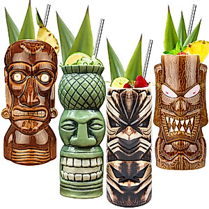 Tiki Glasses for Cocktails Tiki Mugs Set of 4 Ceramic Tiki Party Cups Bar Decor Creative Tiki Mug Set Large Hawaiian Tiki Drinking Decorations Vintage Tropical Drinkware Barware 4 Packs
