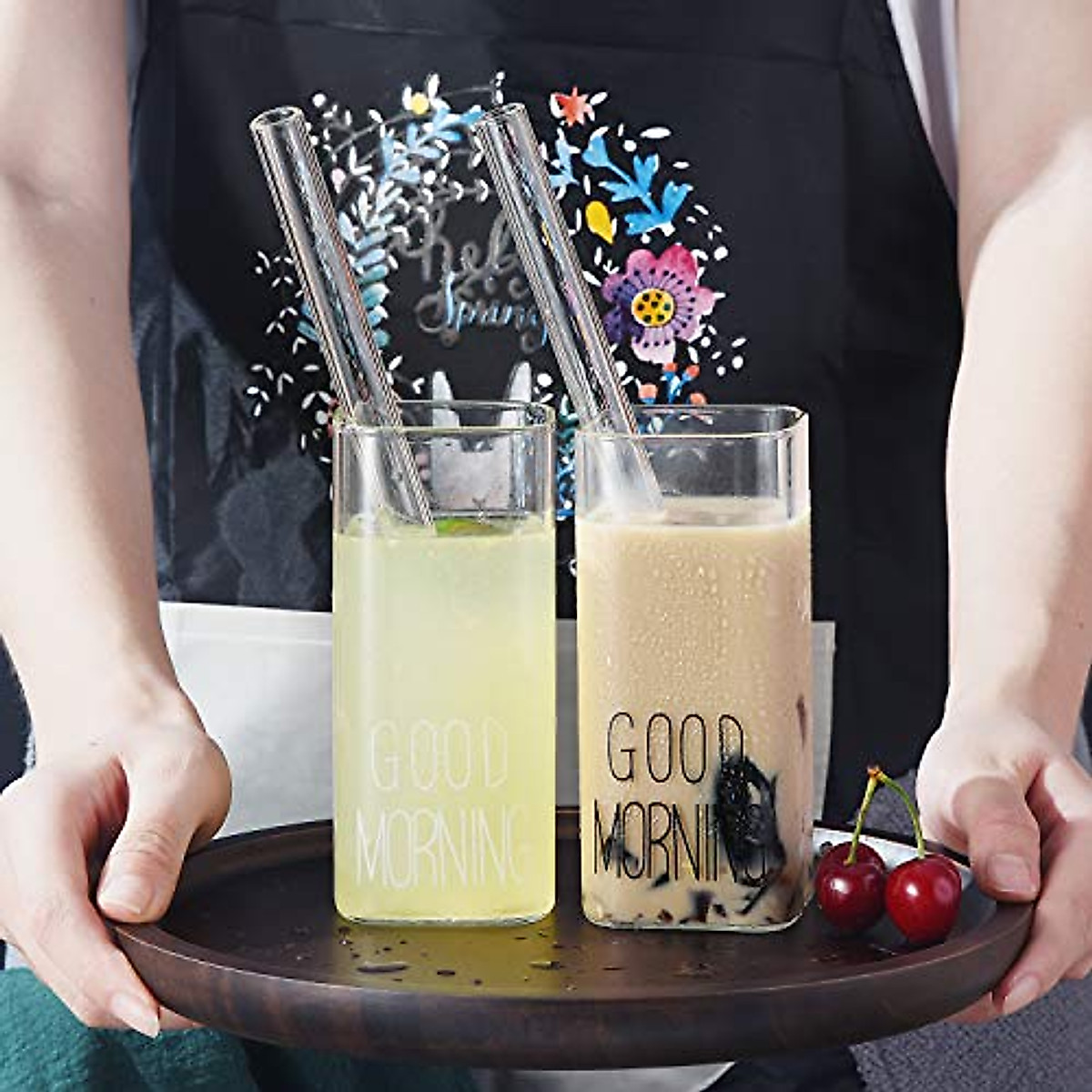 ALINK Reusable Glass Boba Straws, 14mm Extra Wide Clear Straws for Smoothies, Bubble Tea, Pack of 2 with Carrying Case and Cleaning Brush
