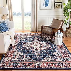 SAFAVIEH Charleston Collection 6'7" Square Navy / Red CHL411L Oriental Distressed Non-Shedding Living Room Bedroom Area Rug