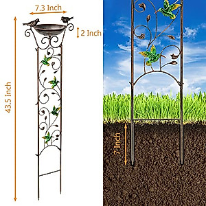 LEWIS&WAYNE Garden Trellis Bird Bath Outdoor, 40 Inch Antique Iron Garden Plant Trellis Decorative with Hummingbirds and Detachable Drinking Basin Bowl, Free Standing BirdBath Birdfeeder Station