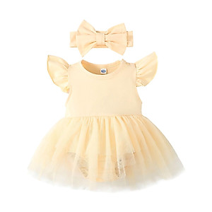 Magic Park Infant Tulle Dress Baby Girl Ruffle Sleeve Romper Dress Solid Color Tutu Skirt with Headband Holidays Clothes (Flesh Color, 6 Months)