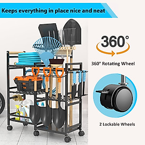 NADAMOO Large Garden Tool Organizer with Rolling Wheel, Metal Shelf Yard Tool Holder, 3-tier Utility Stand Rack for Garage Organization and Storage, Hold Long-Handled Rakes, Shovel, Broom
