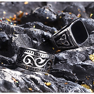 Jstyle 4Pcs Stainless Steel Signet Biker Rings Set Cuban Chain Spinner Ring Vintage Celtic Knot Band Rings Beveled Polished Edge Comfort Fit 9