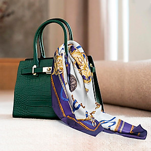 Annika Silk Silk Scarf for Women Elegantly Designed Lightweight 35'' x 35'' Hair Scarf for Sleeping with Hand Seam Silk Scrunchie and Scarf Ring (Navy Blue)