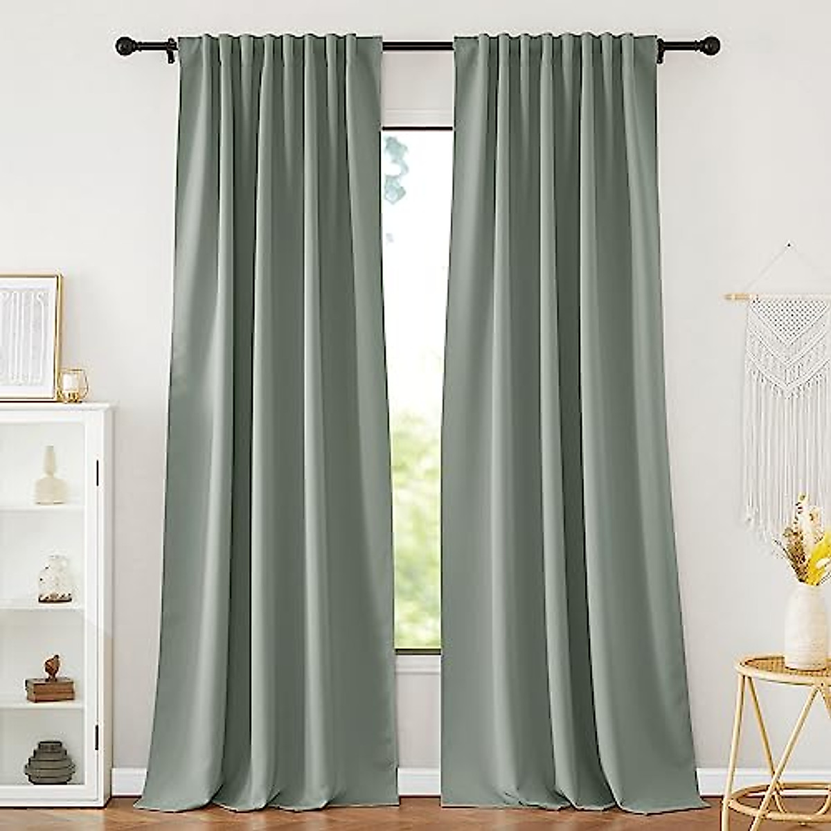 NICETOWN Sage Green Blackout Curtains 95 inches Long 2 Panels, Pinch Pleated Thermal Curtain Sound Proof Thick Window Drapes for Boys Bedroom/Office/Living Room, W52 x L95