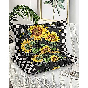 Sunflower Pillow Covers Standard Size Set of 2 20x26 Bed Pillow, Farmhouse Spring Floral Bee Rustic Black White Plaid Plush Soft Comfort for Hair/ Skin Cooling Pillowcases with Envelop Closure