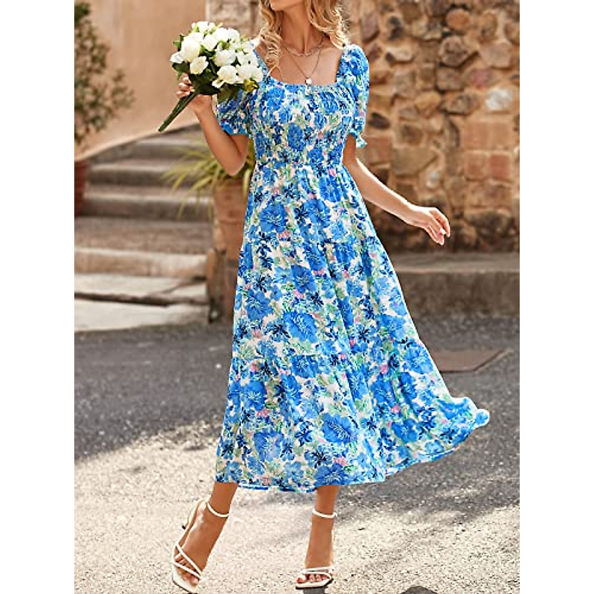 PRETTYGARDEN Women's Summer Puff Sleeve Floral Maxi Dress Square Neck Smocked Boho Flowy A Line Casual Beach Long Dresses (Big Floral White and Blue,Large)