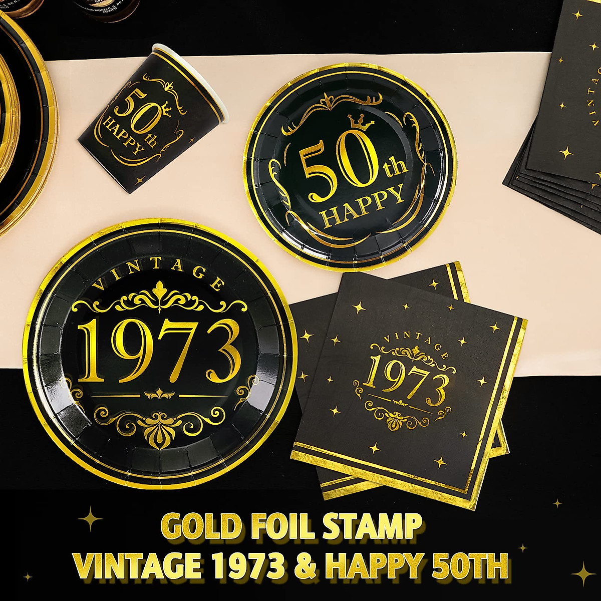 50th Birthday Party 122 PCS Plates Forks Cups Napkins and Tablecloths - Disposable Paper Dinnerware Set Women Men Vintage 1973 Party 50 Years Old Retirement Party Tableware Serves 24 Guests
