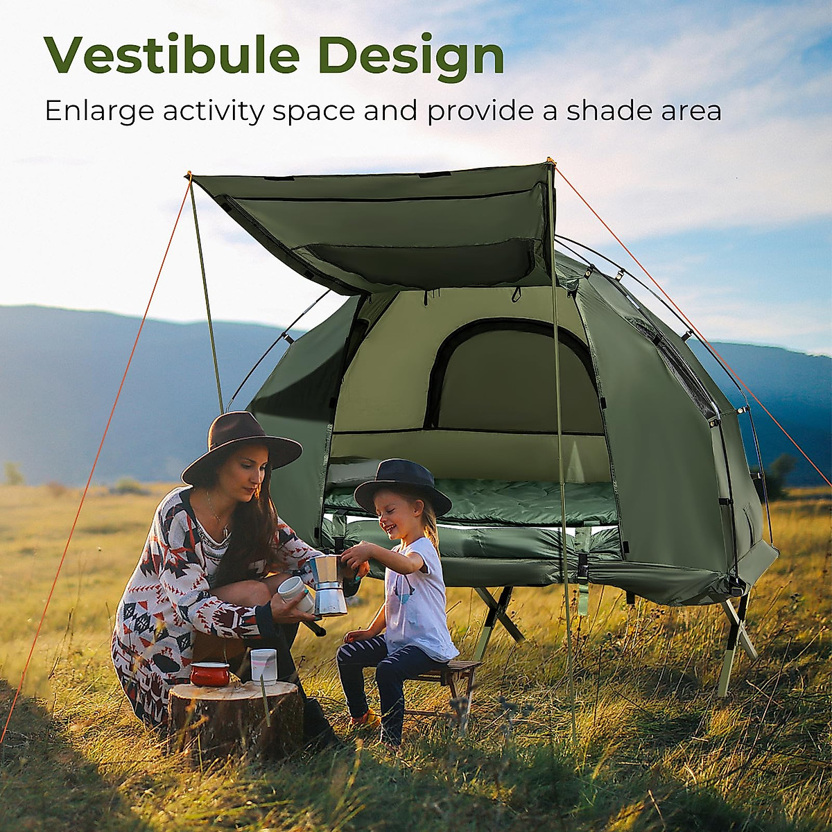 GYMAX Tent Cot, 5-in-1 Folding Camping Cot with Mattress & Pillows, Sleeping Bags, Sunshade, Camping Tent Elevated with Carrying Bag for Outdoor Hiking, Fishing, Picnic (2-Person-Original)