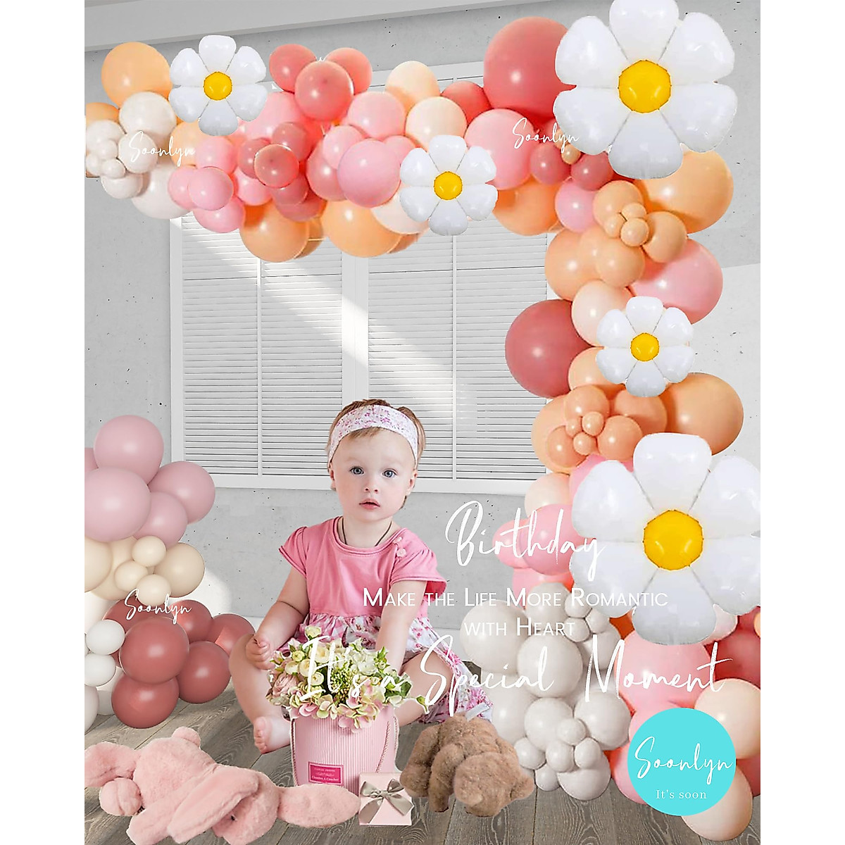 Soonlyn Daisy Balloon Arch Garland 13Ft 12In Groovy Balloon Arch Kit Boho Nude Beige Balloons 5pcs Flower Foil Daisy Balloons White Sand Pink Boho Balloons for Baby Shower Bridal Shower Birthday Party