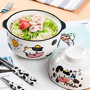 Cabilock Cow Decor Pot Ceramic Ramen Bowl Cow Pattern Noodle Bowl Microwave Soup Bowl Porcelain Dessert Bowl Food Dish with Lid Pho Porridge Salad Snacks Bowl for Home Pots