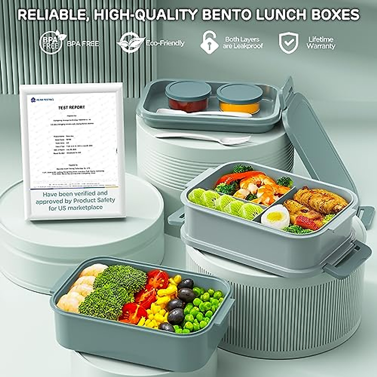 DaCool Lunch Box Adults Bento Box - 74 OZ All-in-One Stackable Lunch Box Containers for Adult Large Bento Box with Fork Spoon Sauce Boxes, Leakproof Lunchbox for Work School Dining Out, Morandi-Green