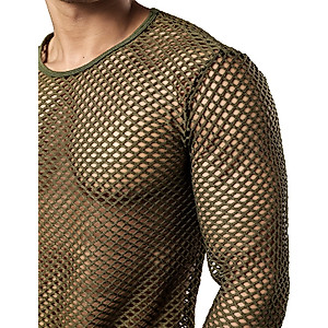 JOGAL Men's Mesh Fishnet Fitted Long Sleeve Muscle Top Small WG04 ArmyGreen