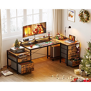 AODK L Shaped Desk with 6 Drawers & Power Outlet, 72 Inch Computer Desk with File Drawer & Printer Storage Shelves, Reversible Desk with Monitor Shelf for Home Office, Rustic Brown