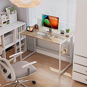 SOROGRA Small Folding Desk 31.5 Inch, Foldable Computer Desks with LED Lights and Monitor Stand, Work Portable Table for Home Office Bedroom, Oak