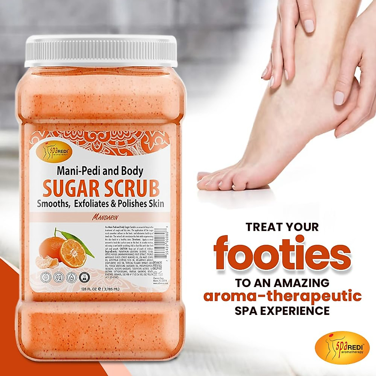 SPA REDI - Sugar Body Scrub, Mandarin, 128 Oz, Exfoliating, Moisturizing, Hydrating and Nourishing, Glow, Polish, Smooth and Fresh Skin - Body Exfoliator