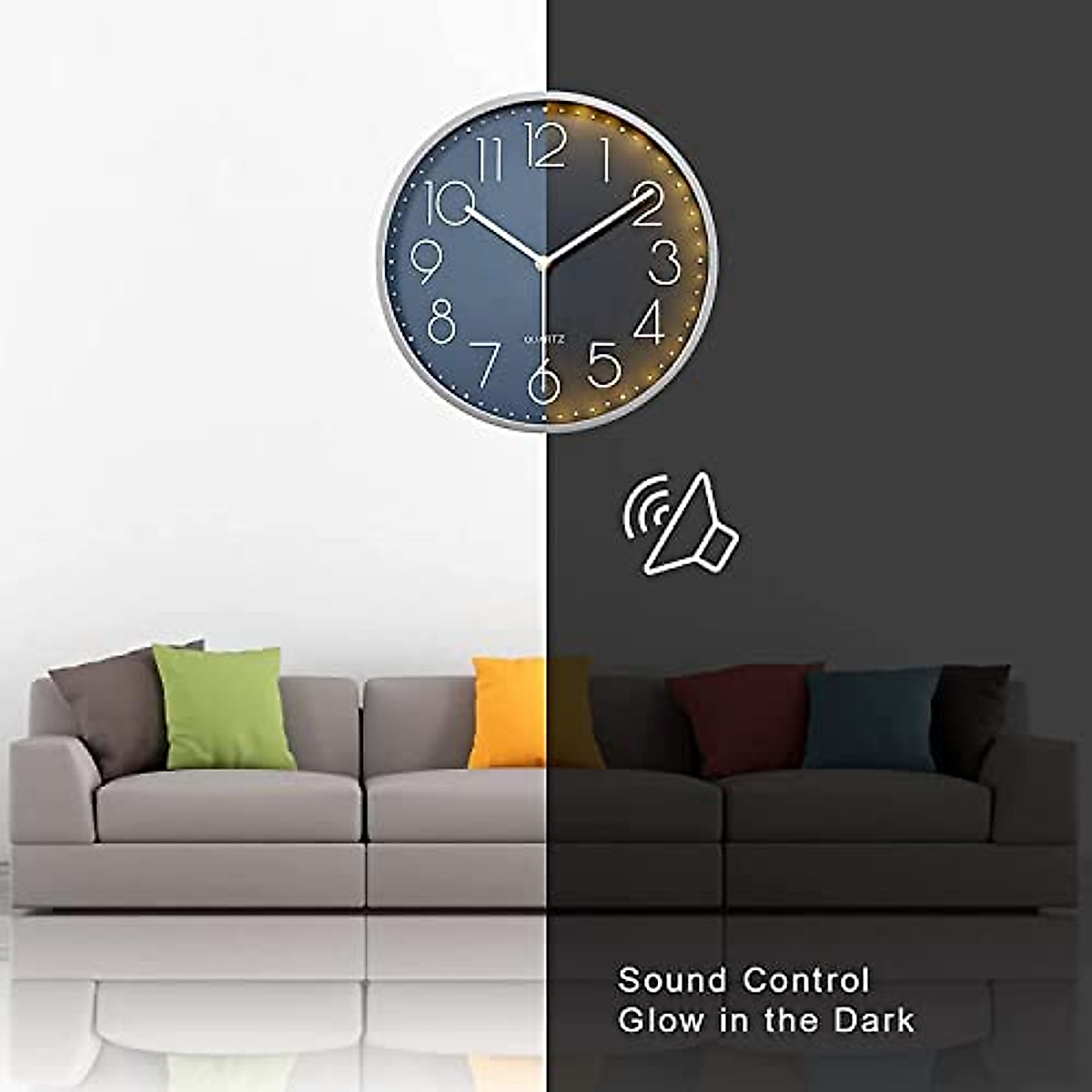 LOMANDA Night Light Wall Clock, 12 Inch Silent Battery Operated Clock for Living Room, Bedroom, Office, Glow in The Dark Large Digital Display Wall Clock, Sound Sensor and Adjustable Brightness