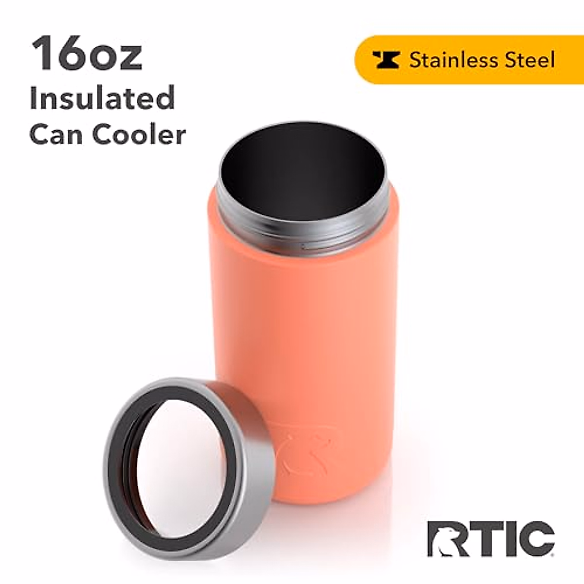 RTIC Craft Can Cooler Insulated, Beer, Beverage, Bottle, Soda Can Cooler with Lid, Stainless Steel Metal, Double Wall Insulation Coozie for Cans, Sweat Proof, Coral, 16 oz