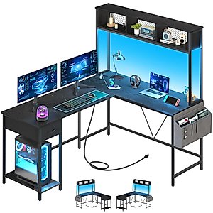 Yoobure L Shaped Desk Gaming Desk with LED Strip & Power Outlet, Reversible L-Shaped Computer Desk with Storage Shelf & Drawer, Corner Desk with Storage Bag, 2 Person Home Office Desk, Black