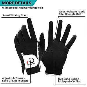 FINGER TEN Men's Golf Gloves for Right Left Handed Golfer Rain Grip Value 2 Pack, Golf Glove for Left or Right Hand Hot Wet Weather No Sweat Black Gray White Blue (Black, X-Large-Worn on Left Hand)