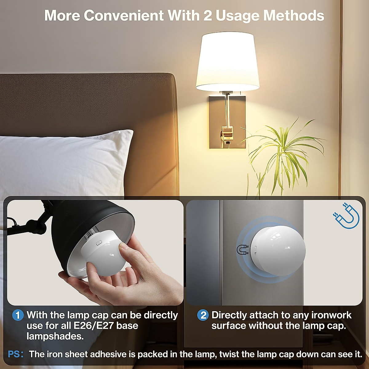 Cadrim Rechargeable Light Bulb, Battery Operated Emergency Lamp with Remote LED Bulbs Detachable Charging Wall Sconce 3 Color, RGB, Timer, Dimmer, E26/E27, for Non-Hardwired, Power Outage, 1 Pack