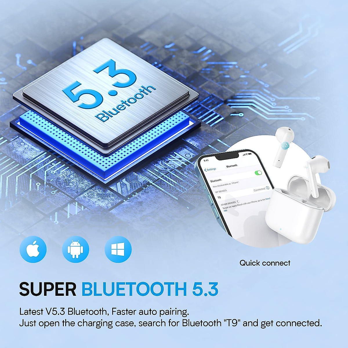 BEBEN Wireless Earbuds 35H Playtime Waterproof Bluetoth Ear Buds, Touch Control Stereo Sound Bluetooth Earbuds with Mic, Wireless Headphones with Type C Charging Case for iPhone Android (White)