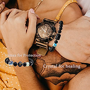 Yomlry 2Pcs Zodiac Bracelet 8MM Beaded Evil Eye Bracelet Spiritual Healing Crystal Bracelet for Women Men 12 Constellation Bracelet Zodiac Sign Horoscope Gift Hamsa Protection Couple Bracelet Set,