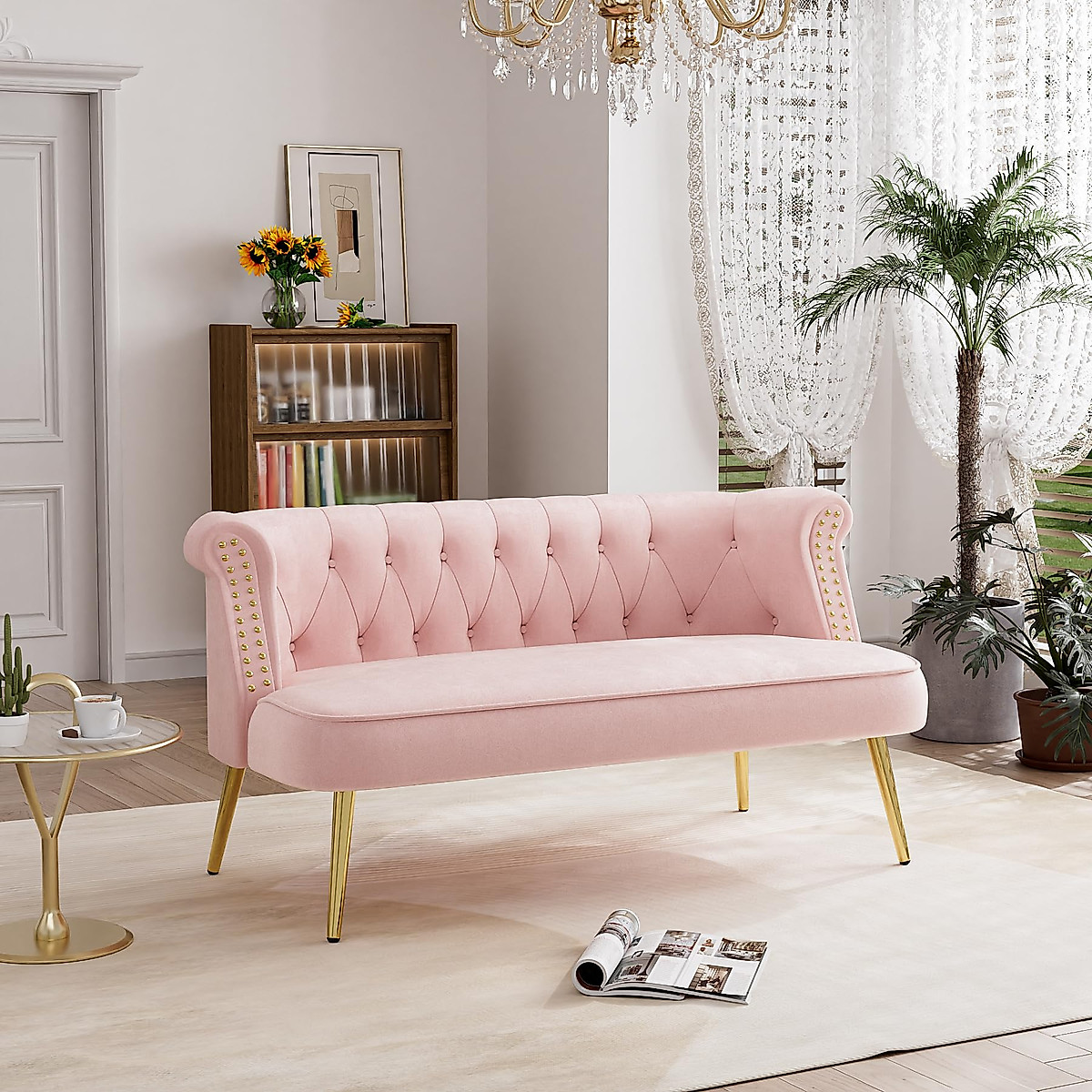 DAMAIFROM Velvet Loveseat Sofa, Modern 2 Seater Sofa with Gold Legs, 51" W Upholstered Tufted Couch for Living Room, Comfy Love Seat Small Furniture for Apartment, Small Spaces, Pink