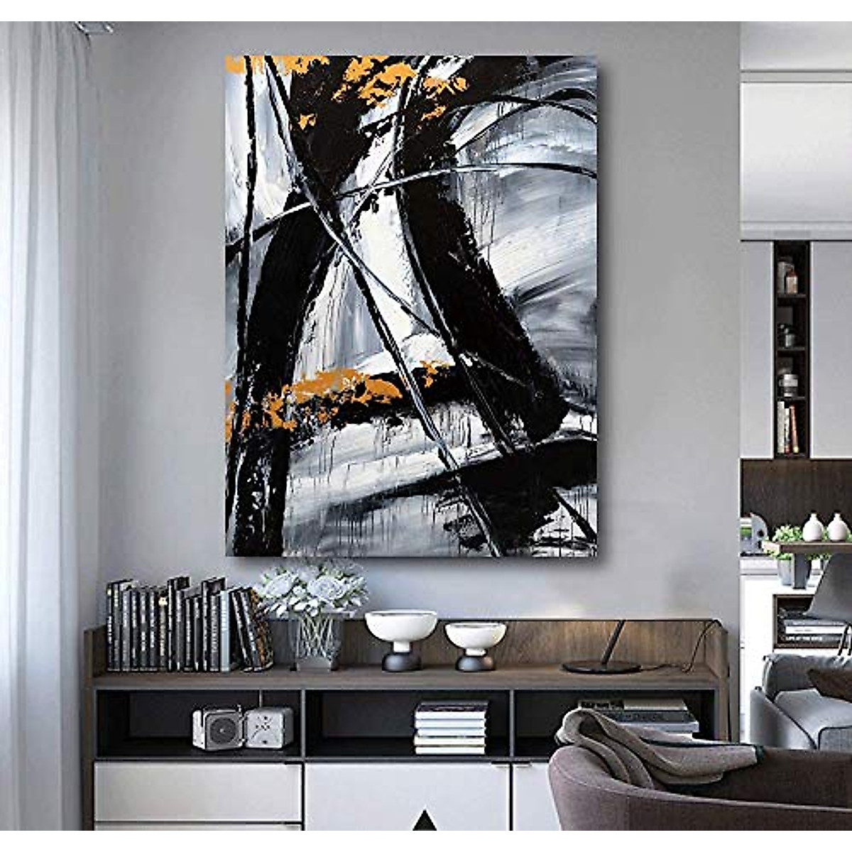 Yihui Arts Canvas Wall Art Decor Hand Painted Black and White Abstract Painting Large Art Pictures Modern Artwork for Living Room Bedroom Office Decor (24x36IN)