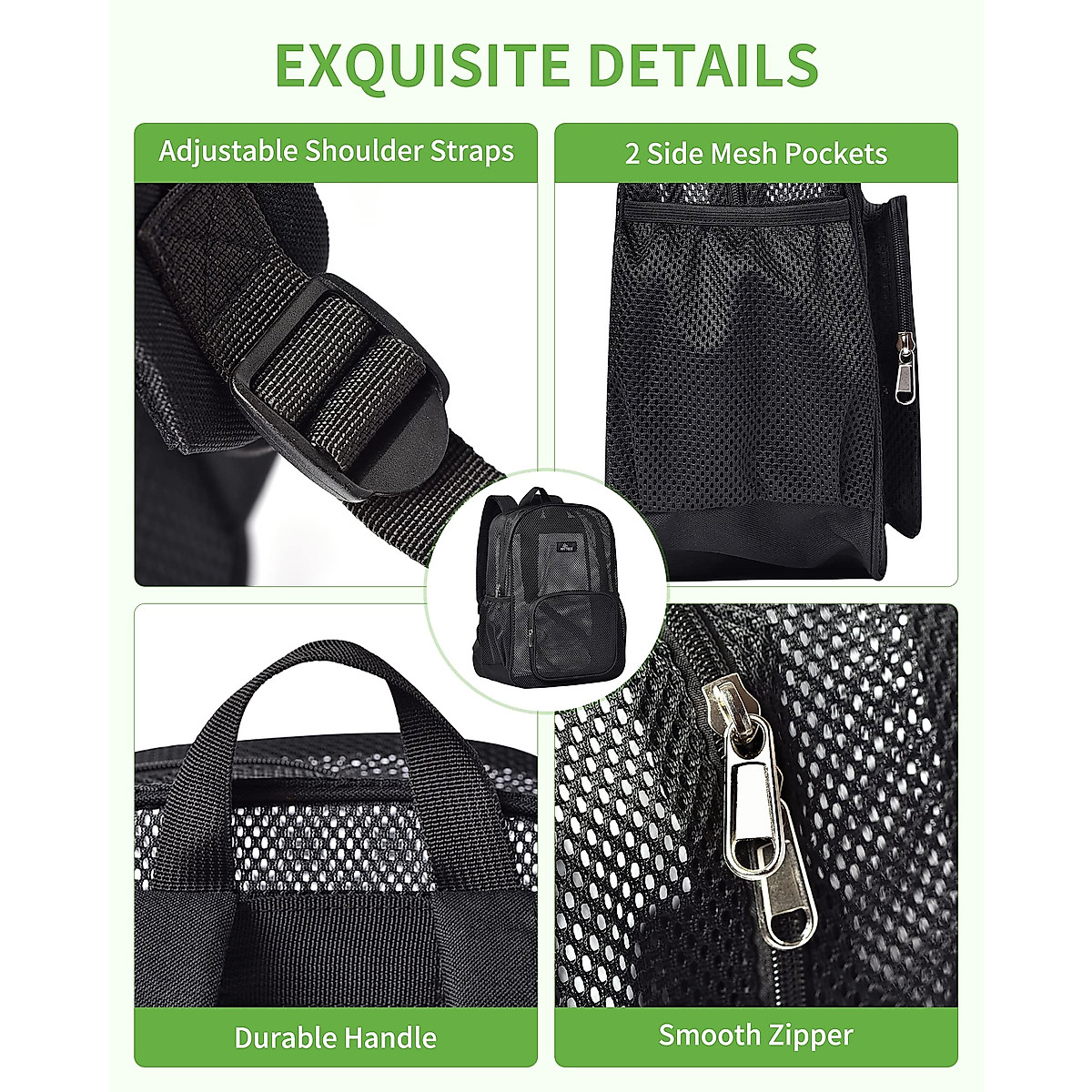 MAY TREE Heavy Duty Mesh Backpack, Semi-Transparent Mesh Backpack, See Through Mesh Backpack for Commuting, Swimming, Travel, Beach, Outdoor Sports (Black)