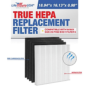 LifeSupplyUSA Complete Replacement Filter Set (1 True HEPA Air Cleaner Replacement Filter + 4 Carbon Filters) Compatible with Winix Size 25 P450 B451 Filter E Air Purifiers