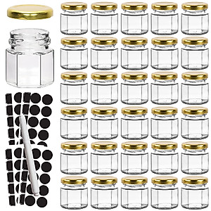 1.5 oz Hexagon Glass Jars with Gold Lids, 30 Pack Honey Jars Canning Jars Small Spice Jars for Jelly, Herb, Jams, Candy, Wedding Favors, Includes Labels and Pen