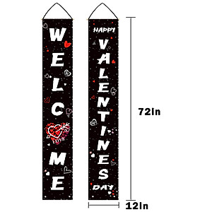 Whaline Valentines Porch Sign, Welcome and Happy Valentines Day Hanging Banners for Holiday Home Indoor Outdoor Porch Wall Valentine's Day Decoration (Black)