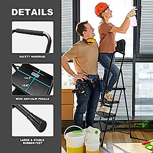 HBTower 4 Step Ladder with Handrails, Folding Step Stool with Attachable Tool Bag & Anti-Slip Wide Pedal for Home Kitchen Pantry Office, 330lbs Capacity Black