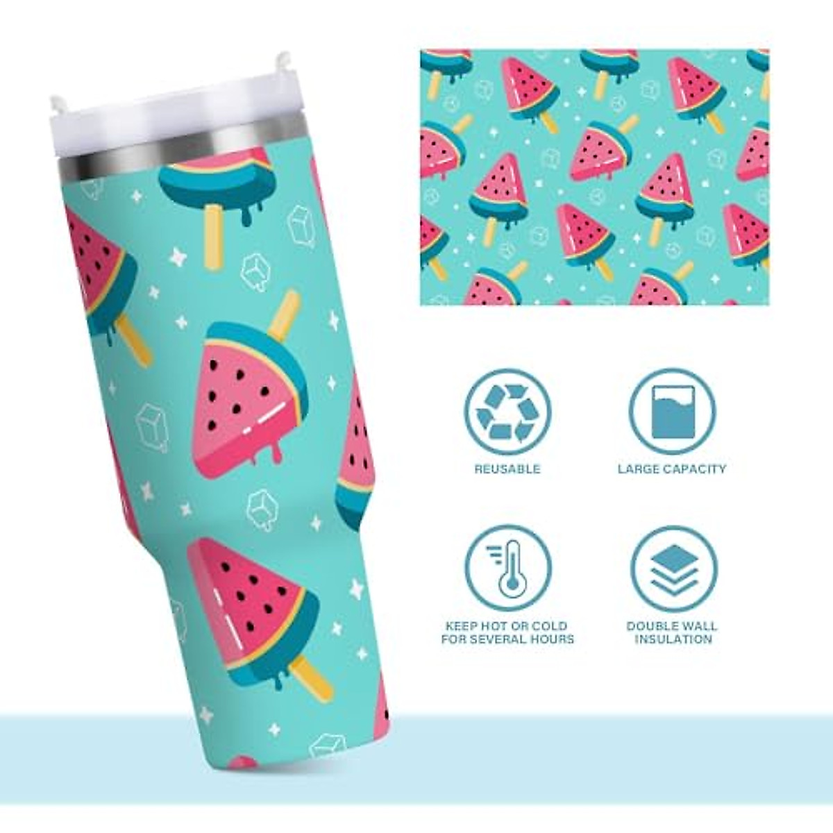 DIGTIA Stainless Steel Insulated Tumbler w/Handle & Straw, Watermelon Blue Double Wall Vacuum Travel Coffee Mug Cup w/Lid, Leak-Proof Sports Ice Cream Water Bottle,40oz